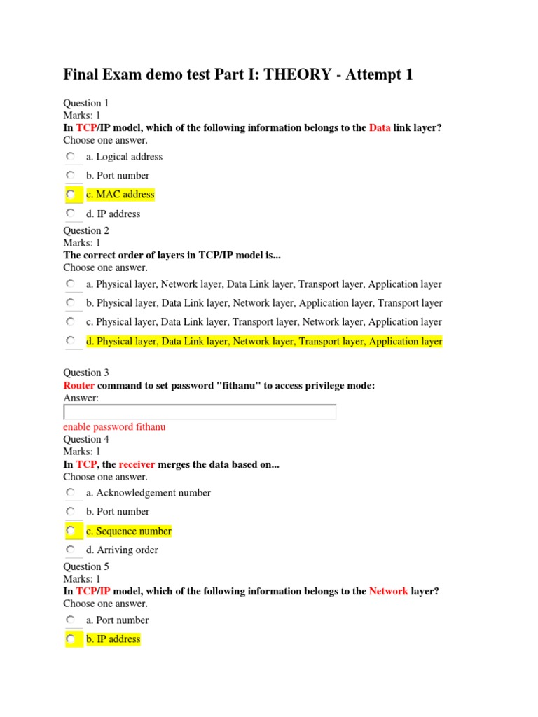 Final Exam Demo Test Part I: THEORY - Attempt 1: TCP Data | PDF ...