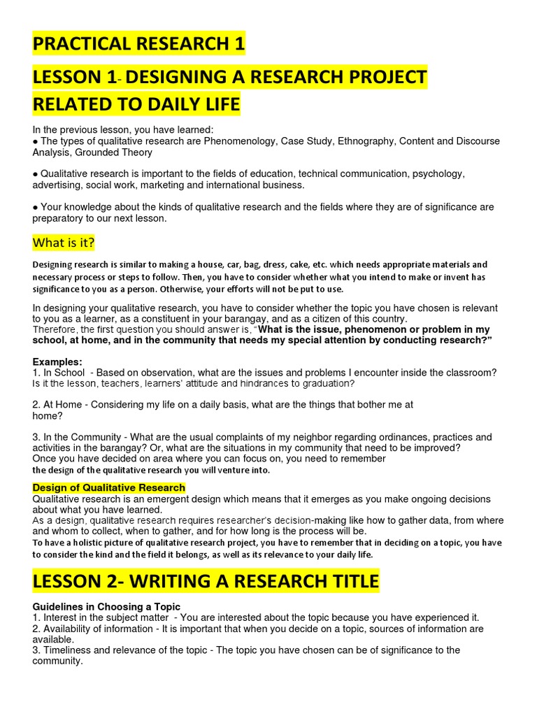 Practical Research 1 Lesson 1 Designing A Research Project Related To ...