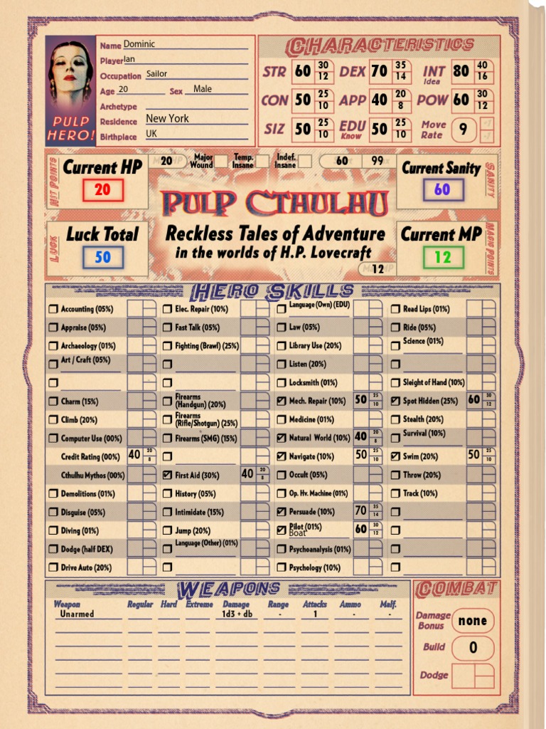 CHA23107 Pulp Cthulhu Character Sheet Dominic | PDF