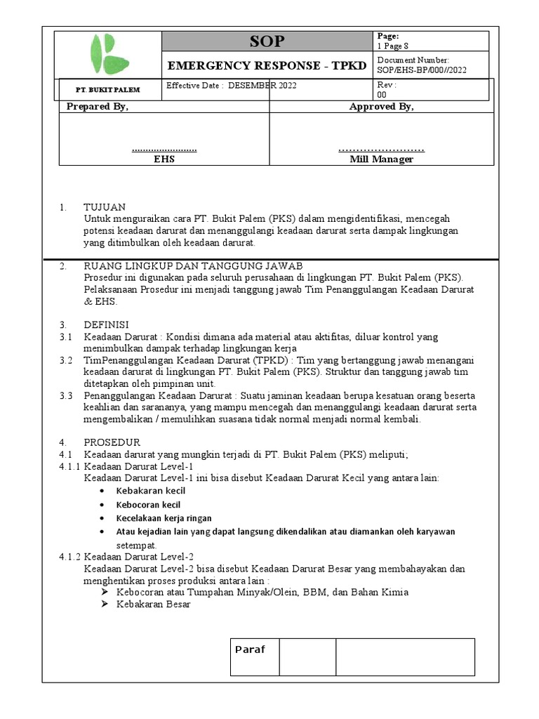 Sop Emergency Response Prosedure Pt. BPK | PDF