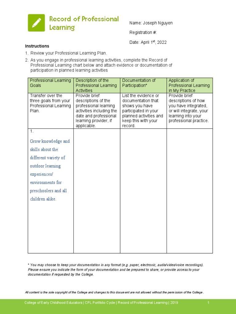 CPL Record of Professional Learning | PDF | Learning | Early Childhood ...