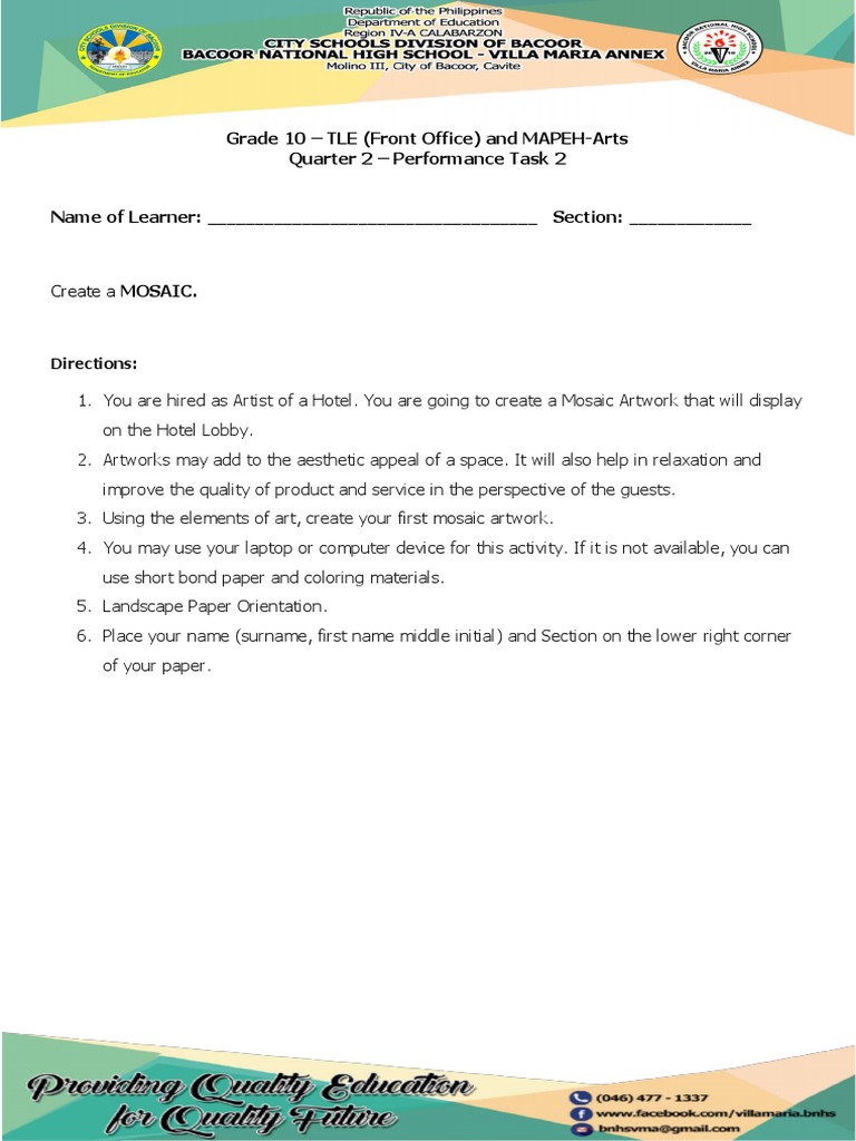 Grade 10 - TLE (Front Office) and MAPEH-Arts Quarter 2 - Performance Task 2 Name of Learner ...