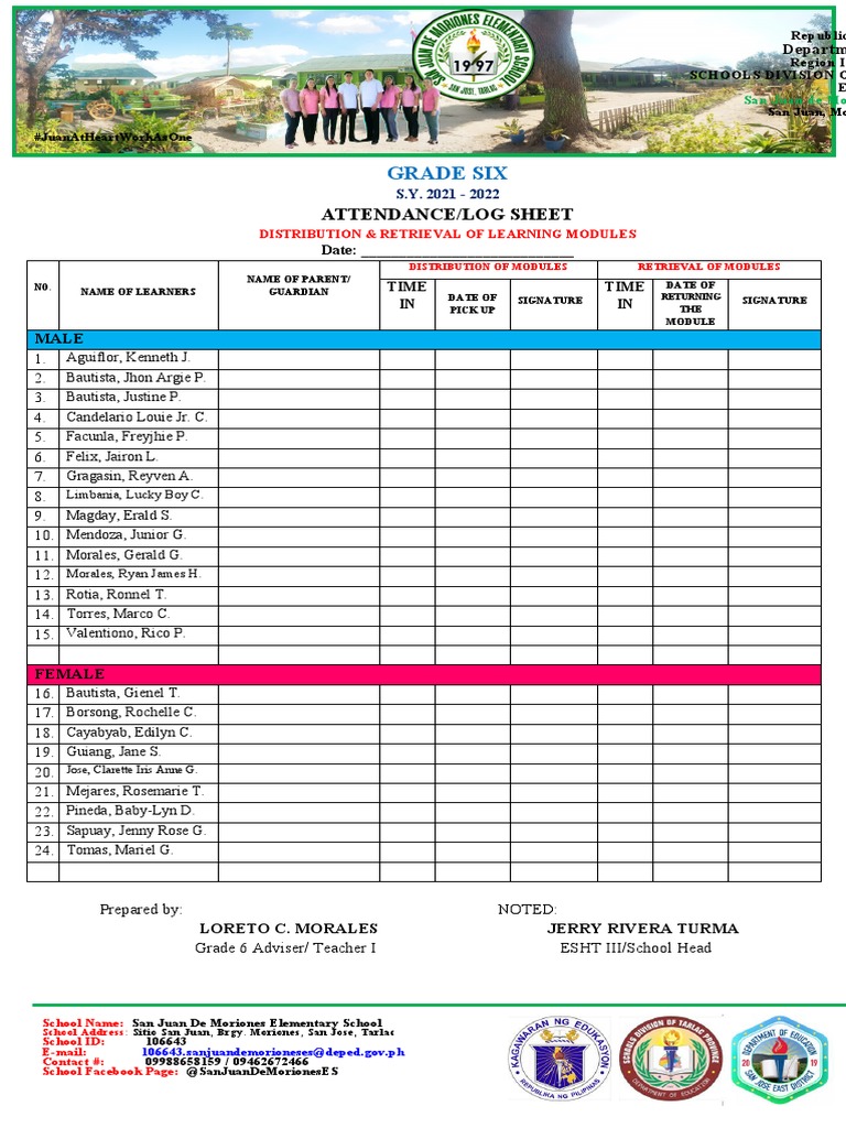 Grade Six: Attendance/Log Sheet | PDF
