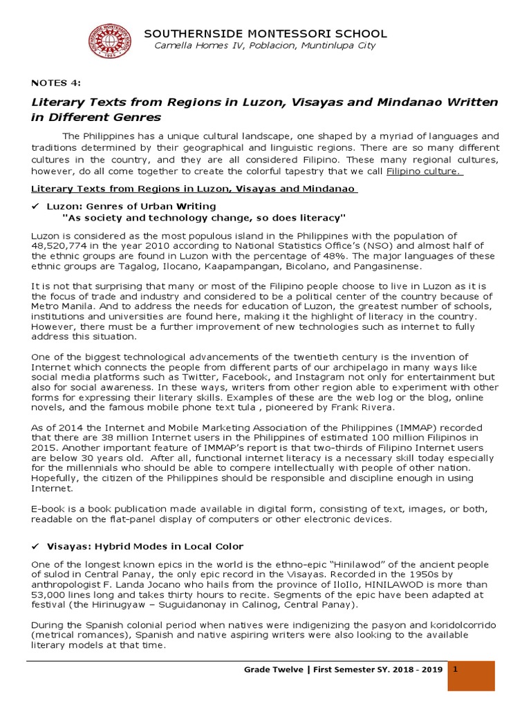 Literary Texts From Regions in Luzon, Visayas and Mindanao Written in ...
