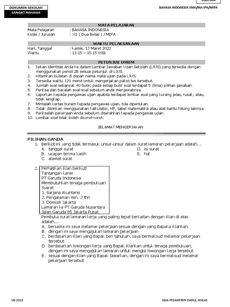 Soal US B. Indo Kls 12.21 | PDF