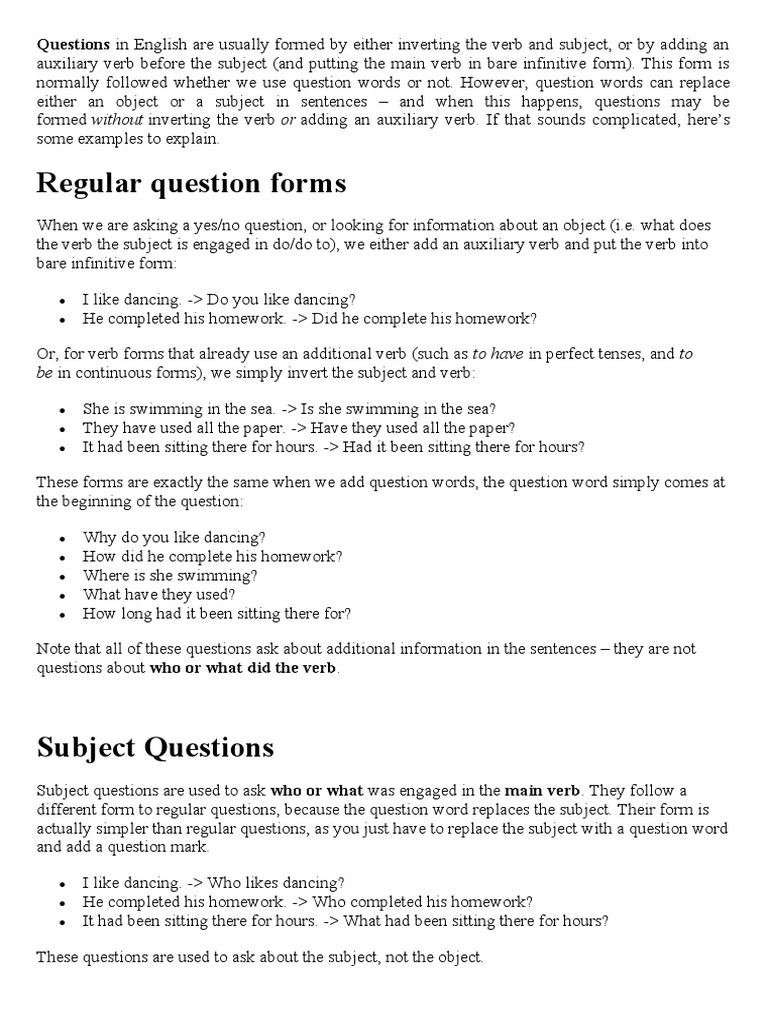 An Explanation of Regular and Subject Question Forms in English and ...