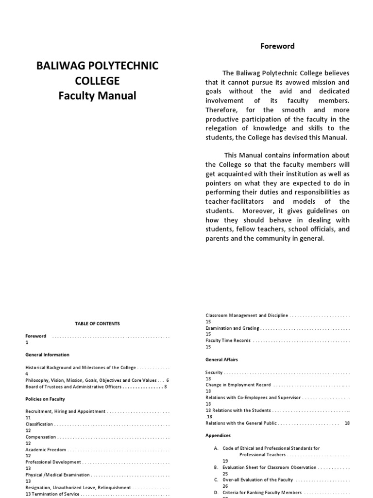 Baliwag Polytechnic College Faculty Manual: Foreword | PDF | Academic ...