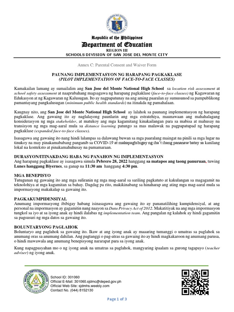 Pagbibigay NG Pahintulot at Waiver NG Magulang - JHS | PDF