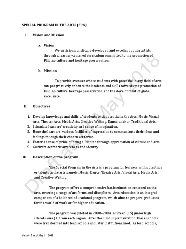 Special Program in The Arts (Spa) I. Vision and Mission A. Vision | PDF ...