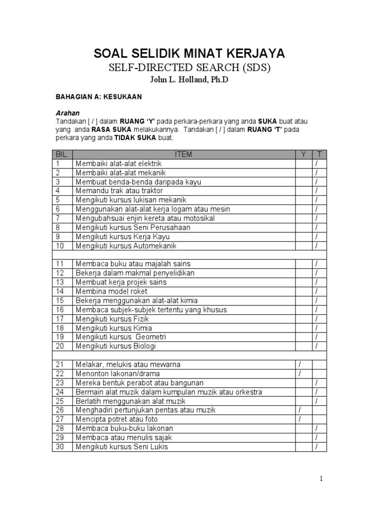 Soal Selidik Minat Kerjaya: Self-Directed Search (SDS) | PDF