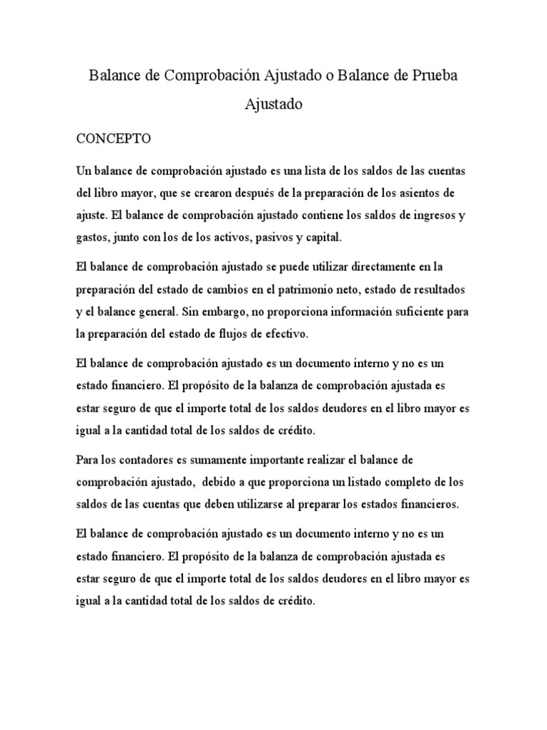 Balance de Comprobación Ajustado o Balance de Prueba Ajustado | Descargar gratis PDF | Hoja de ...