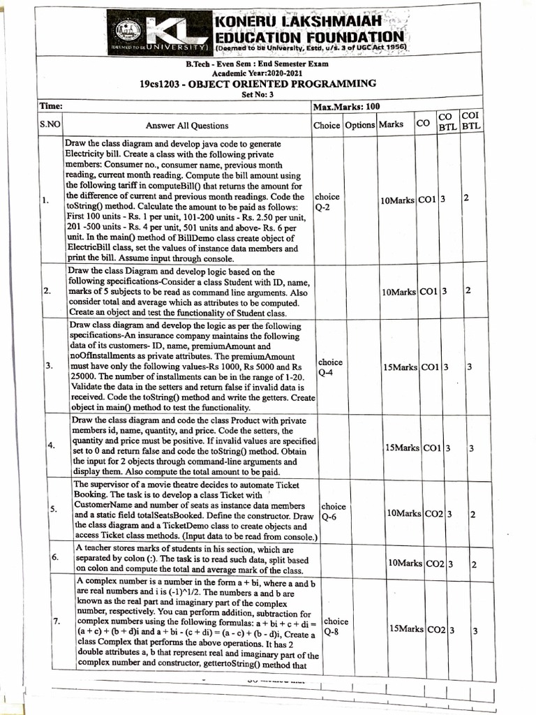 19csl203 Object Oriented Programming Time 100 Marks Pdf Method Computer Programming