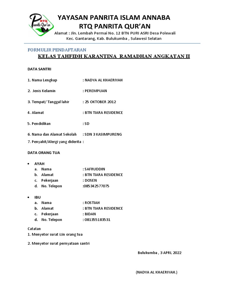 Form Santri Karantina 2 | PDF