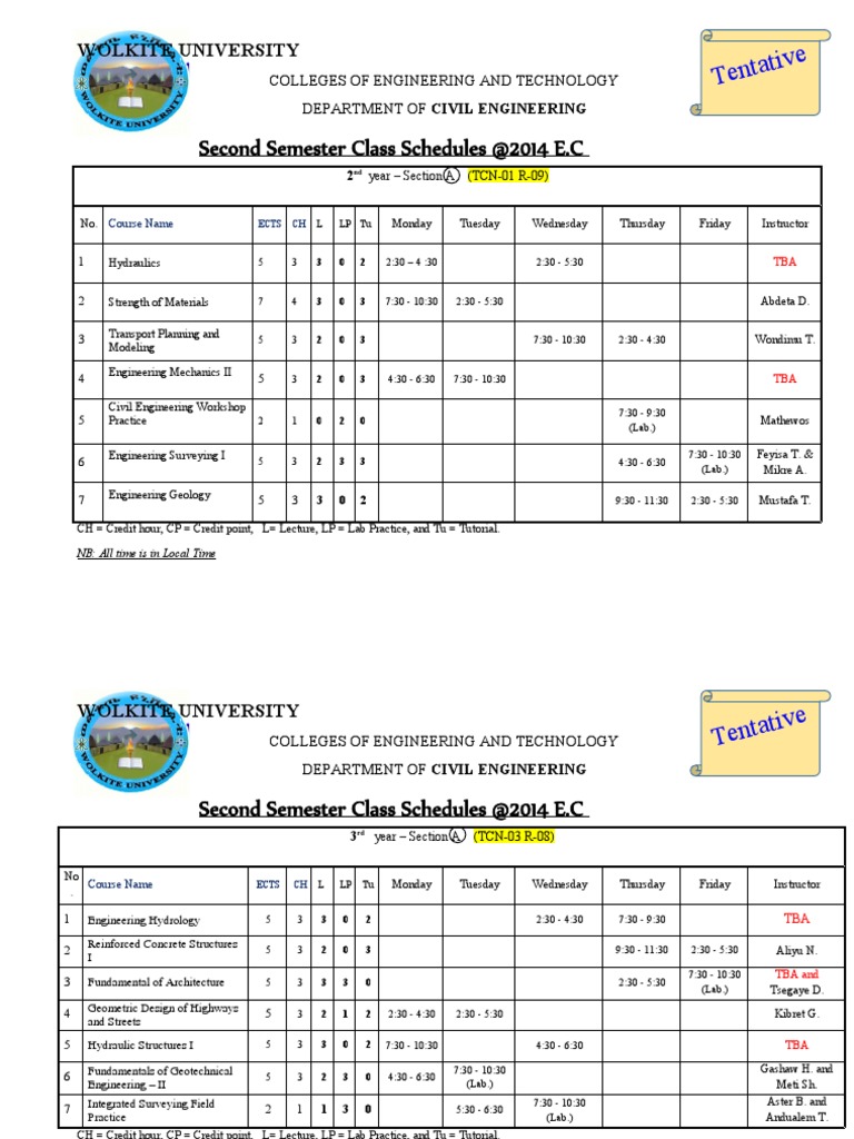 Wolkite University Civil Engineering Class Schedule | PDF | Course ...