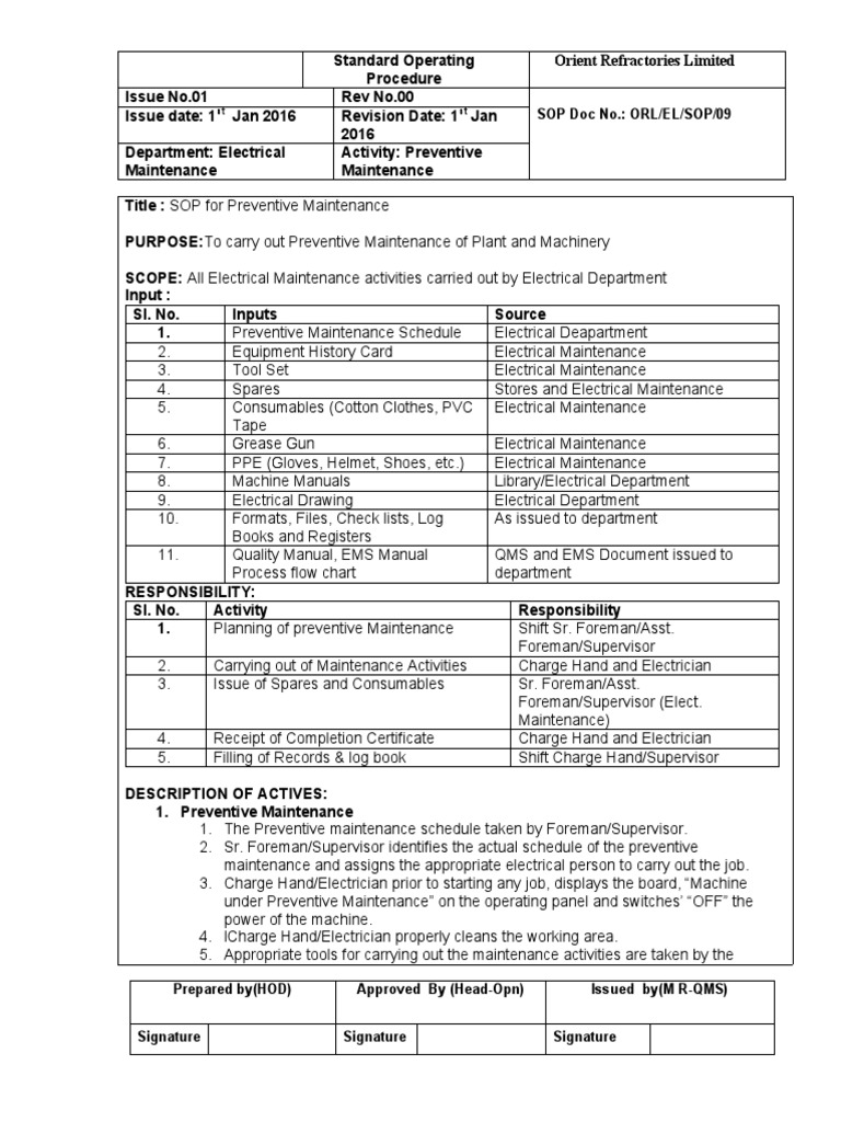 SOP for Electrical Preventive Maintenance | PDF | Personal Protective ...