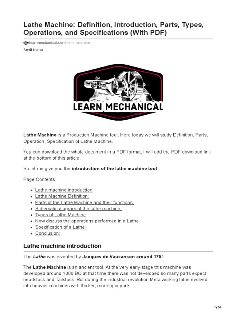 Lathe Machine: Definition, Introduction, Parts, Types, Operations, and Specifications (With PDF ...