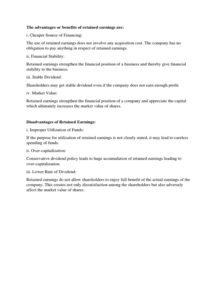 The Advantages or Benefits of Retained Earnings Are | PDF