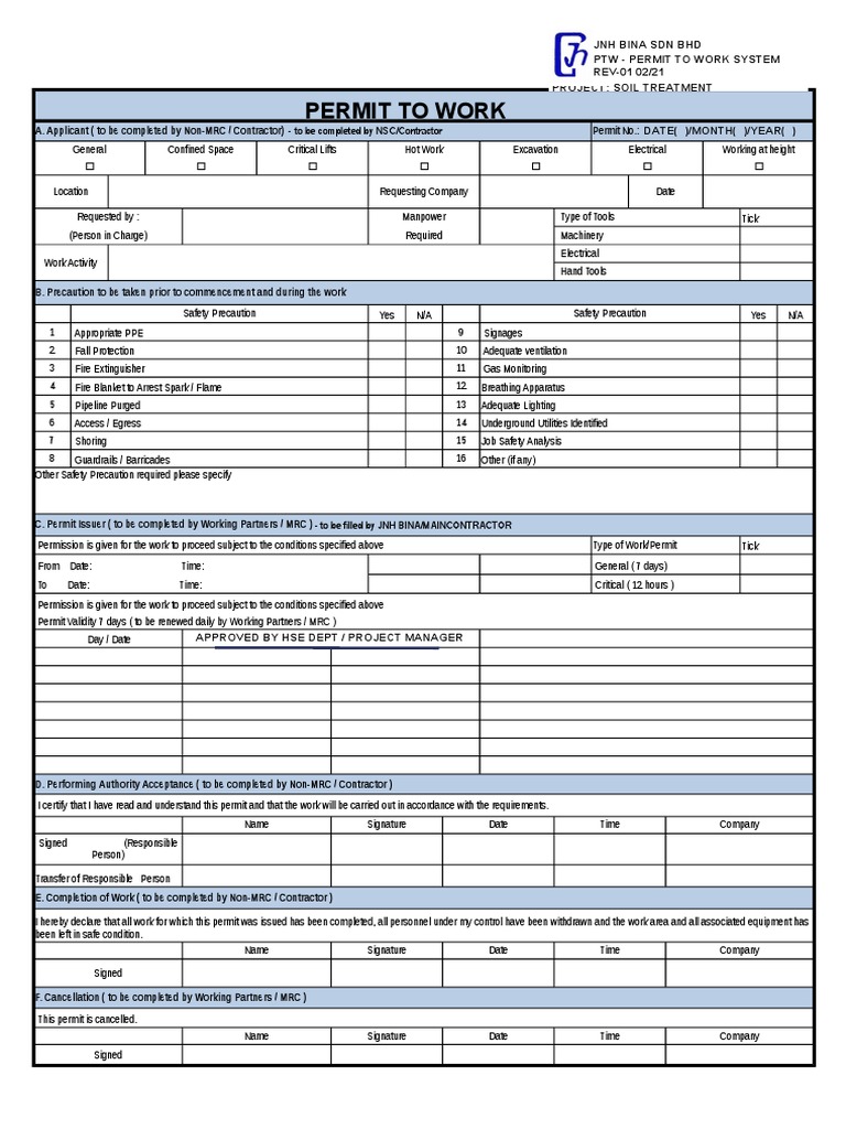 Permit To Work Form - JNH BINA | Download Free PDF | Safety ...