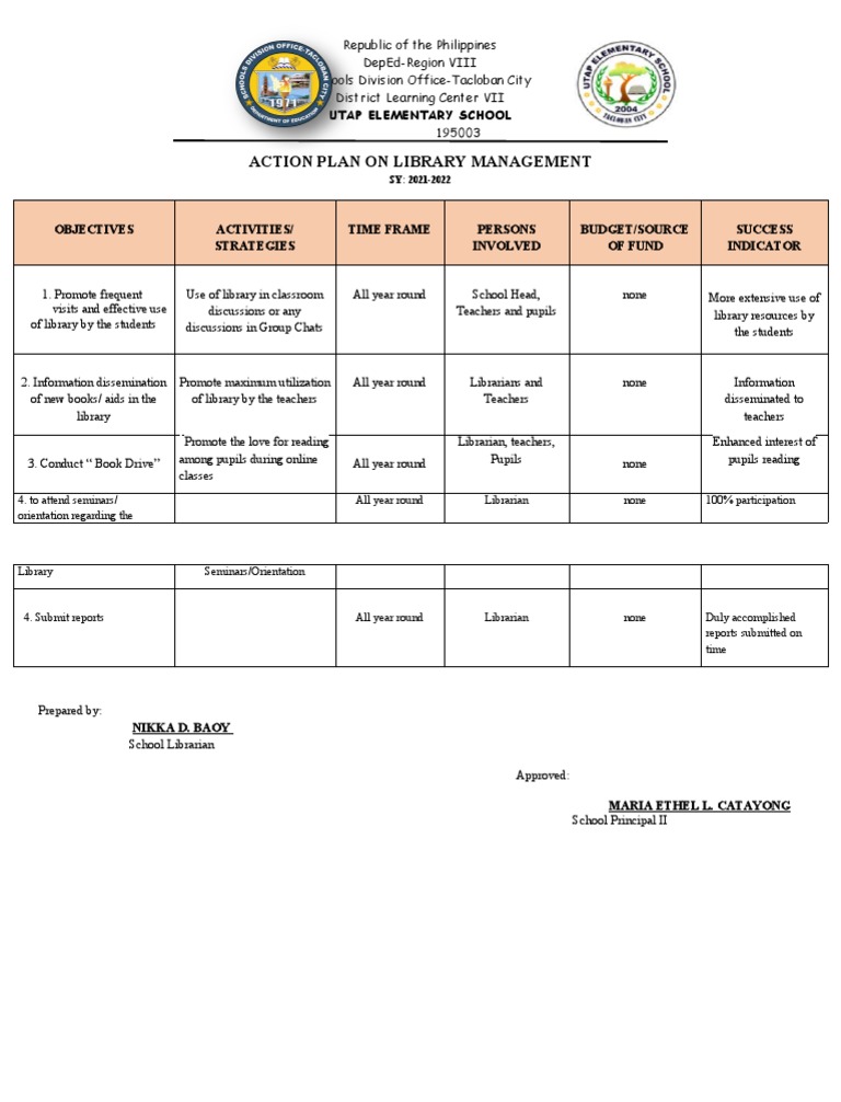 Action Plan On Library Management: Utap Elementary School | PDF ...