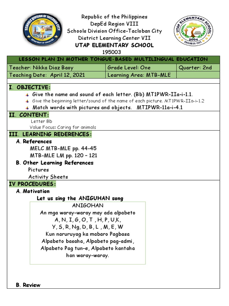 Utap Elementary School: Lesson Plan in Mother Tongue-Based Multilingual Education | PDF ...