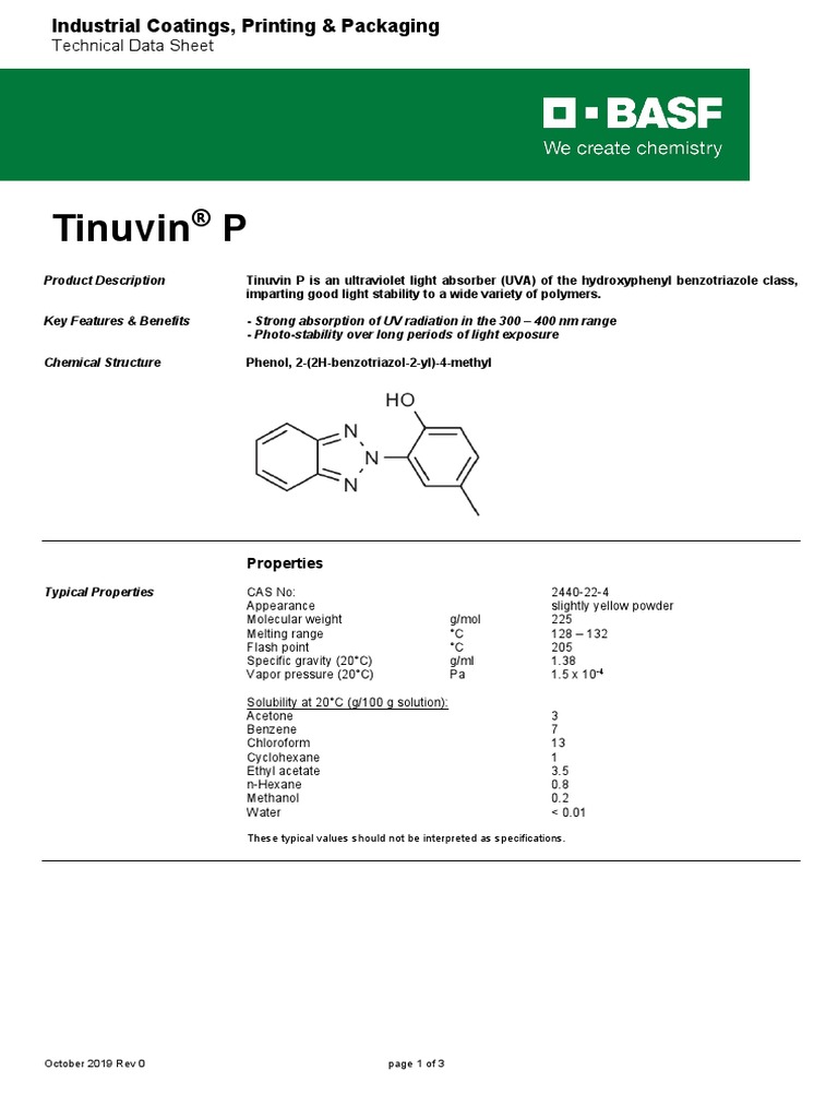 Tinuvin P: Technical Data Sheet | PDF | Ultraviolet | Polymers