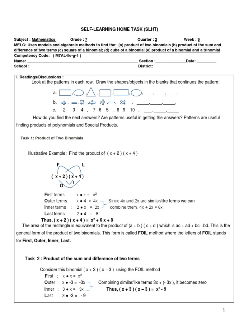 SLHT Edited Math7 Q2 Wk6 Special Products | PDF | Mathematics | Algebra