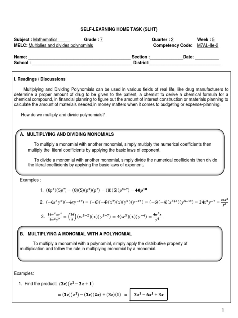 Math 7 SLHT Q2 WK 5 MELC M7AL IIe 2.final Editeddocx | PDF | Division (Mathematics) | Polynomial