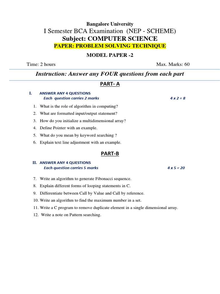I Semester BCA Examination (NEP - SCHEME) : Subject: Computer Science ...