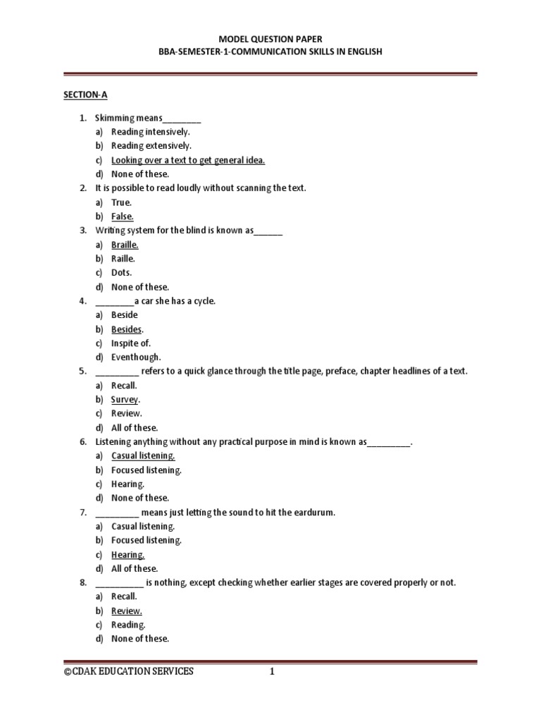 Model Question Paper Bba-Semester-1-Communication Skills in English | PDF | Communication | Writing