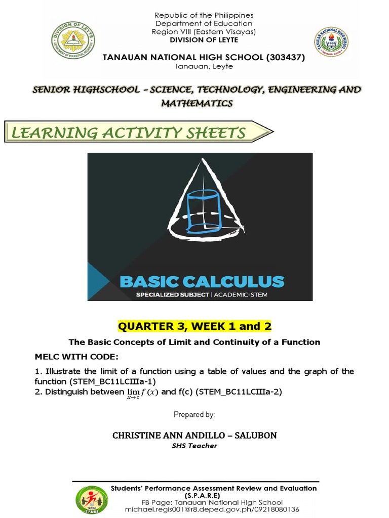 Learning Activity Sheets: Quarter 3, Week 1 and 2 | PDF | Function (Mathematics) | Calculus