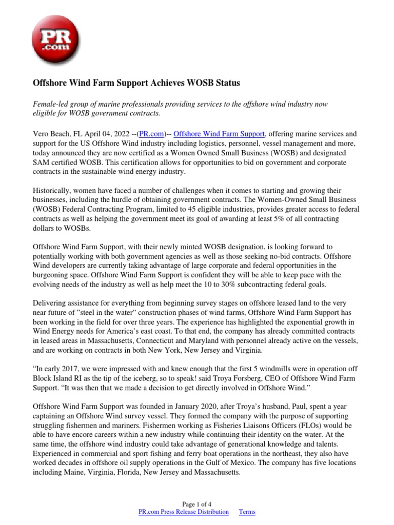 Offshore Wind Farm Support Earns WOSB Status | PDF | Offshore Wind ...