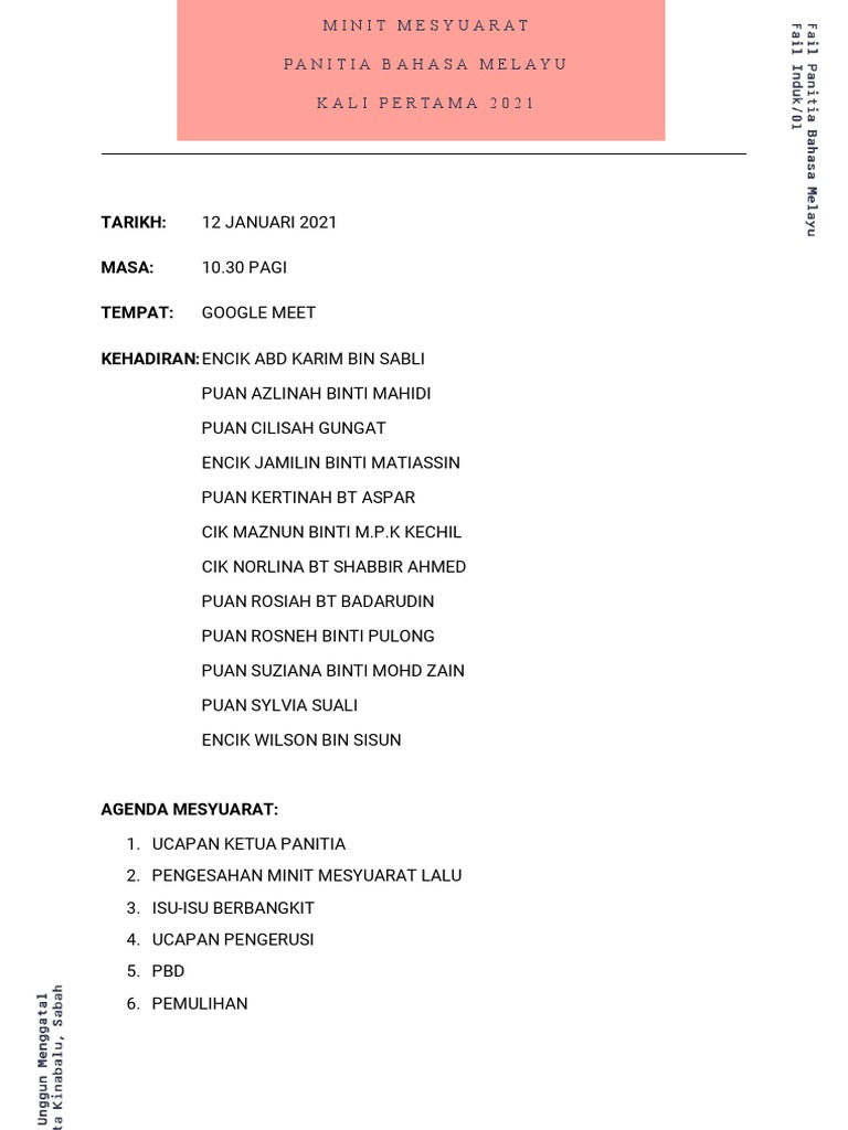 Minit Mesyuarat Bahasa Melayu Kali Pertama | PDF