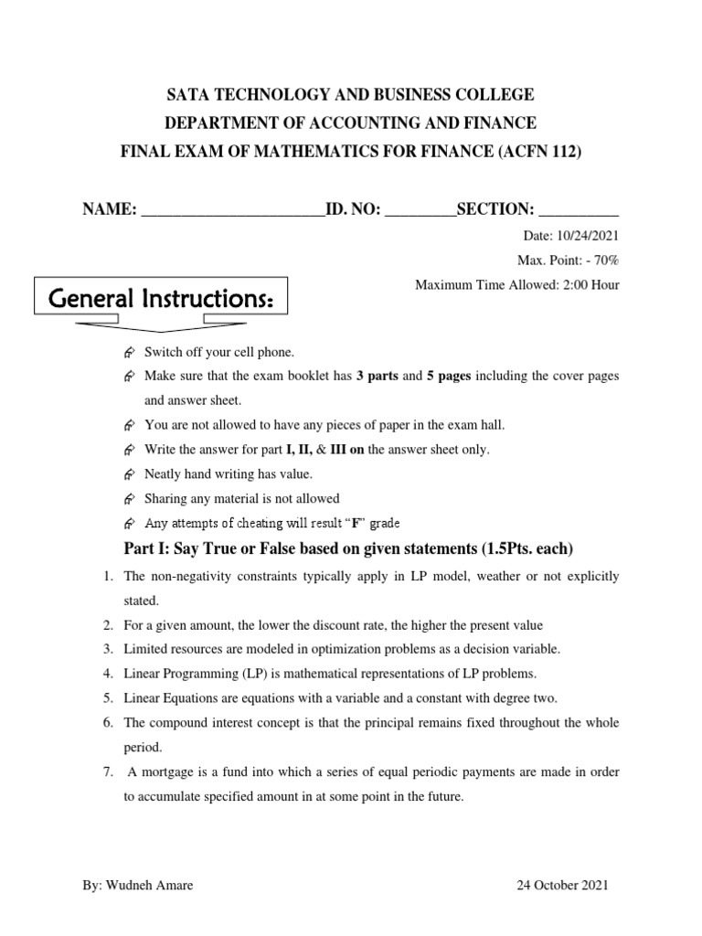 Mathematics Final Exam Wudneh | PDF | Interest | Linear Programming