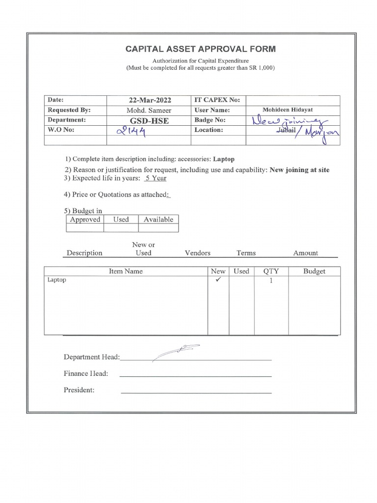 Capital Asset Approval Form | PDF