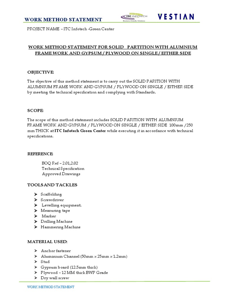 Work Method Statement - PARTITIONS | PDF | Screw | Drywall