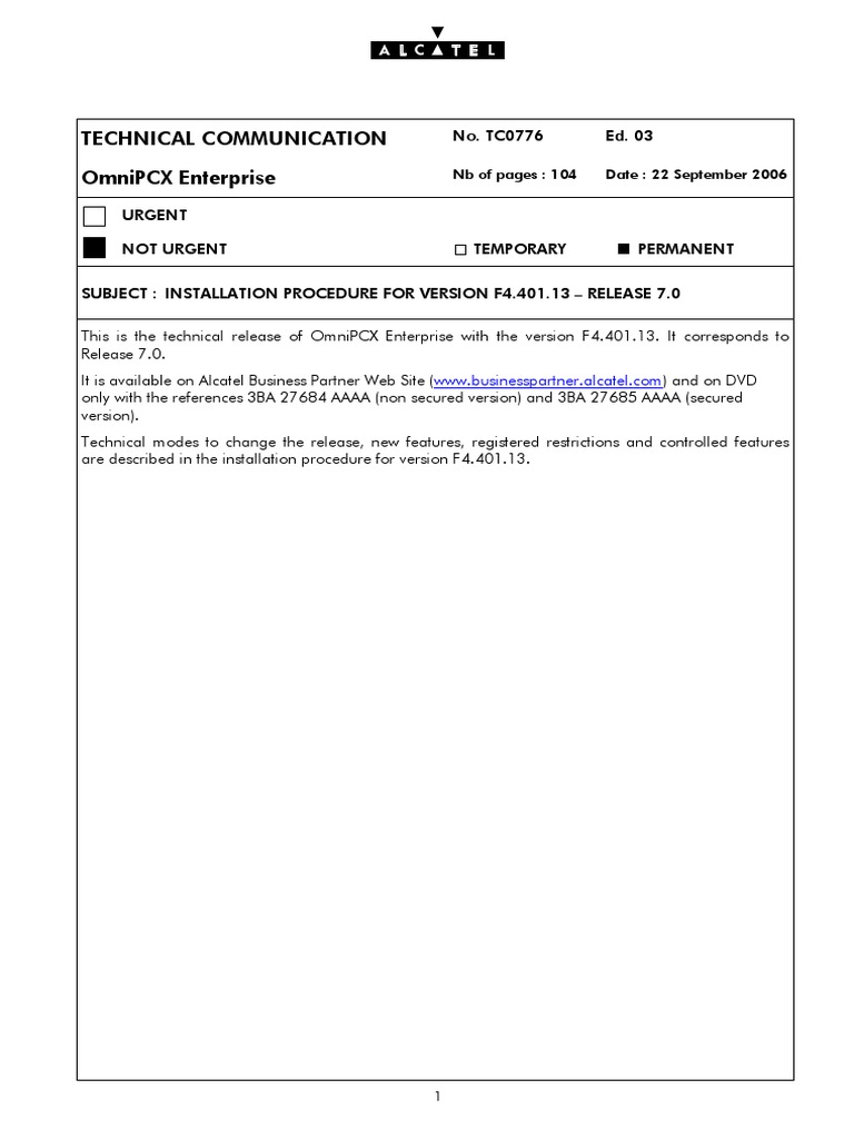 Technical Communication Omnipcx Enterprise: NB of Pages: 104 Date: 22 September 2006 | PDF ...