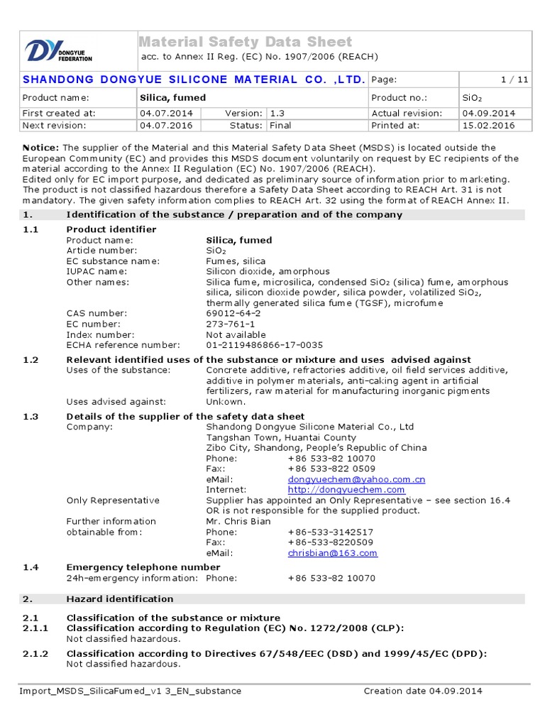 Silica Fumed MSDS - Dongyue Chemical | PDF | Silicon Dioxide | Toxicity