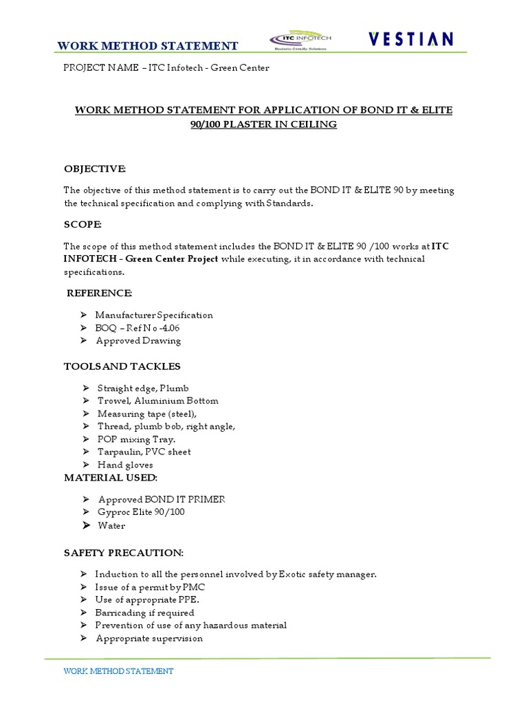 Work Method Statement - BOND IT & Elite 90 | PDF | Plaster | Drywall