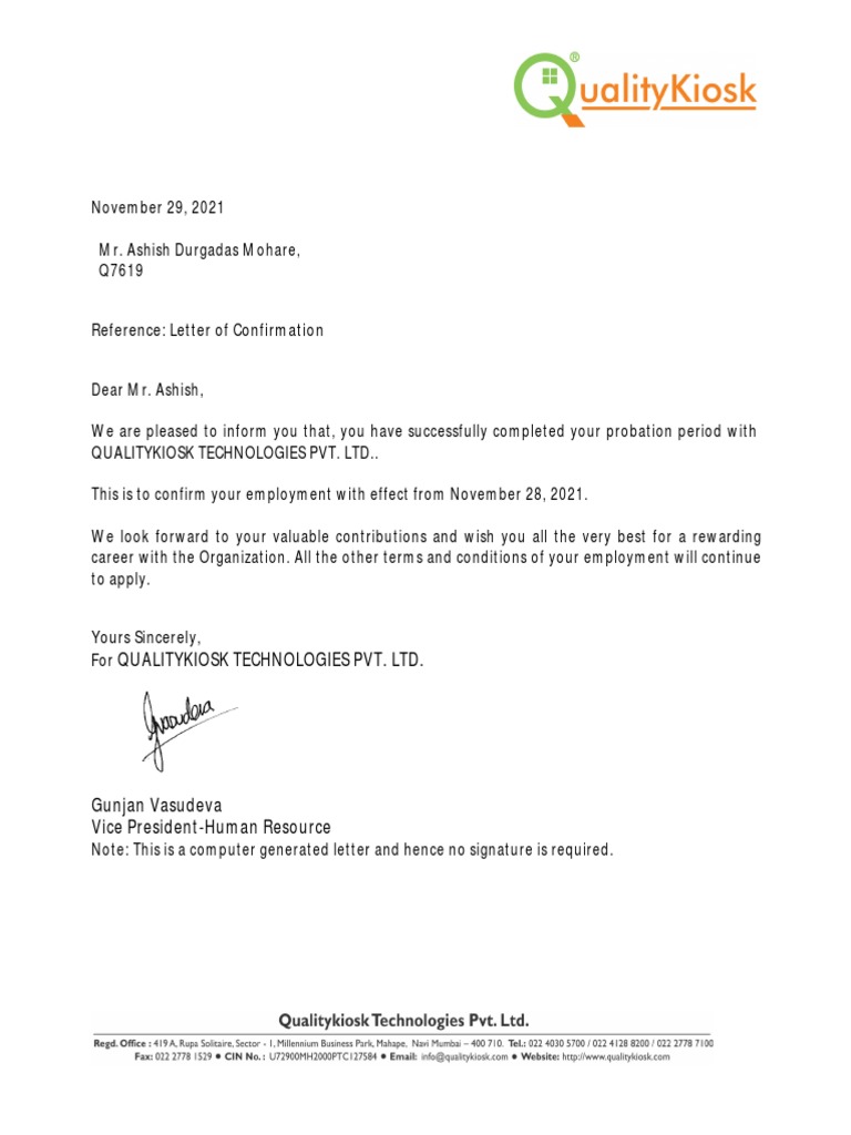 Reference: Letter of Confirmation: Qualitykiosk Technologies Pvt. LTD | PDF