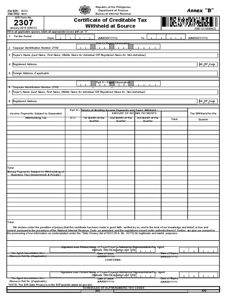 Certificate of Creditable Tax Withheld at Source Annex "B": (MM/DD/YYYY ...