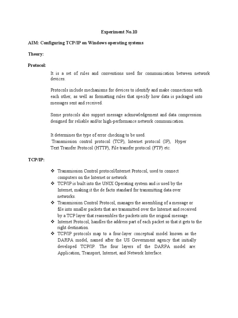 Experiment No.10 AIM: Configuring TCP/IP On Windows Operating Systems ...