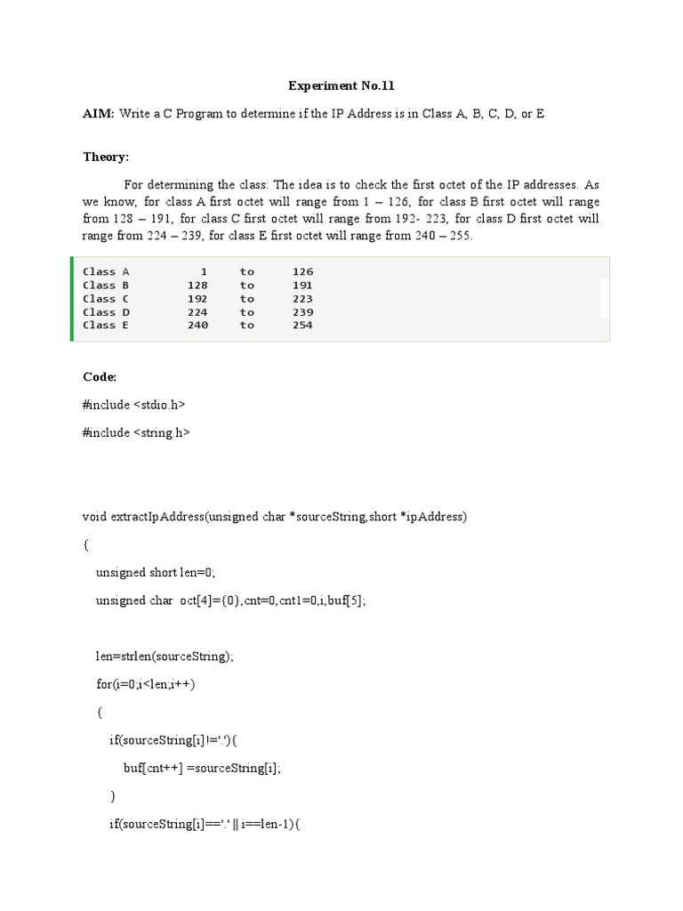 Experiment No.11 AIM: Write A C Program To Determine If The IP Address Is in Class A, B, C, D ...