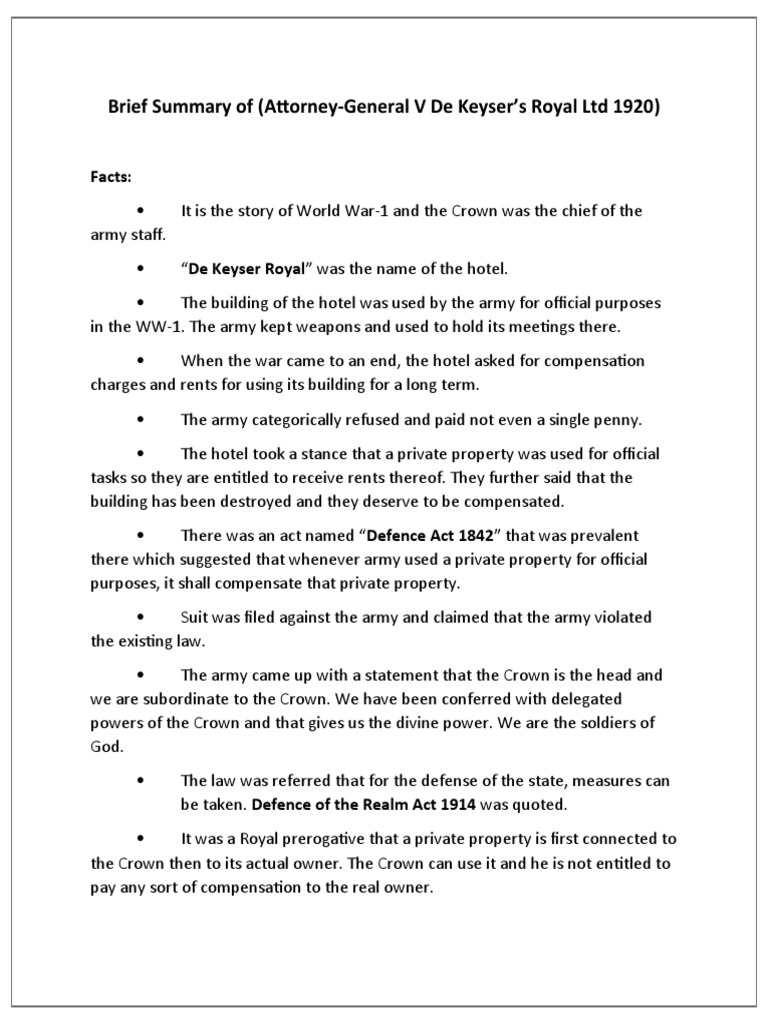 Brief Summary (Attorney-General V de Keyser's Royal LTD 1920) | PDF