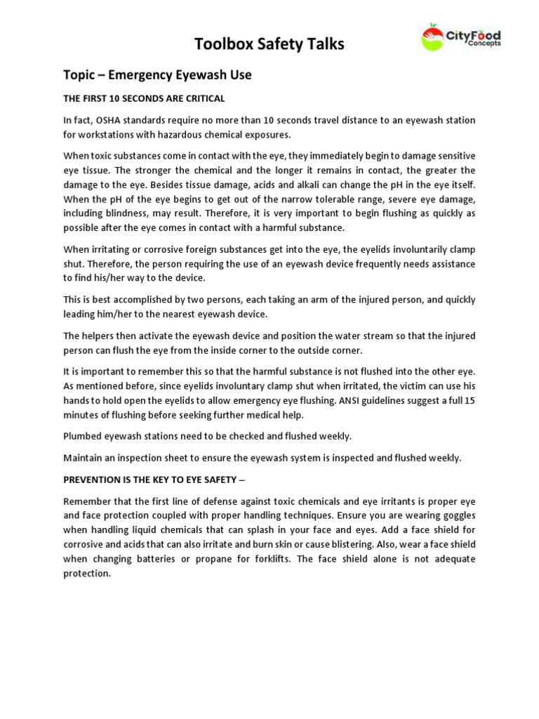 Toolbox Safety Talks - Emergency Eye Wash Use (CFC) | PDF