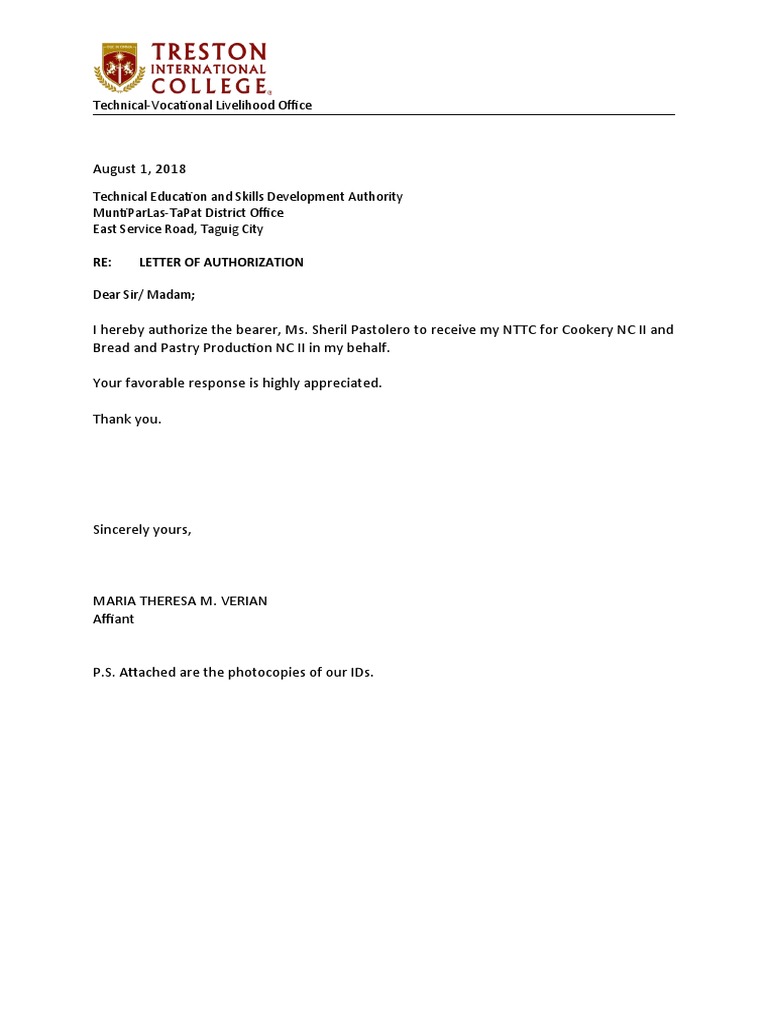 Letter of Authorization - NTTC | PDF