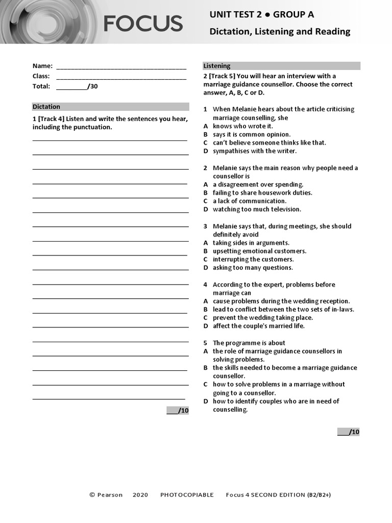 Focus4 2E Unit Test Dictation Listening Reading Unit2 GroupA | PDF