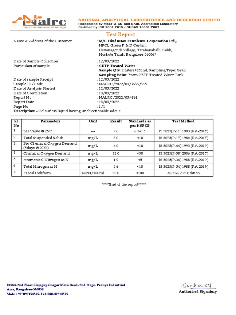 Test Report: Description: - Sl. No Parameters Unit Result Standards As ...