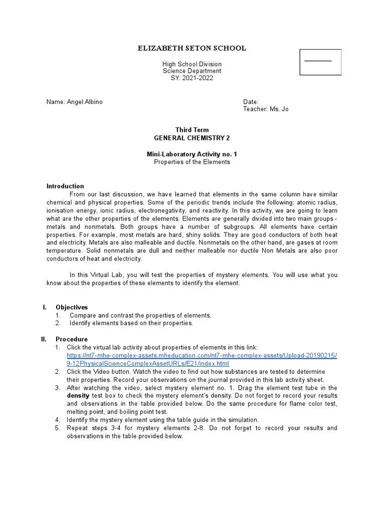Elizabeth Seton School: Third Term General Chemistry 2 Mini-Laboratory ...