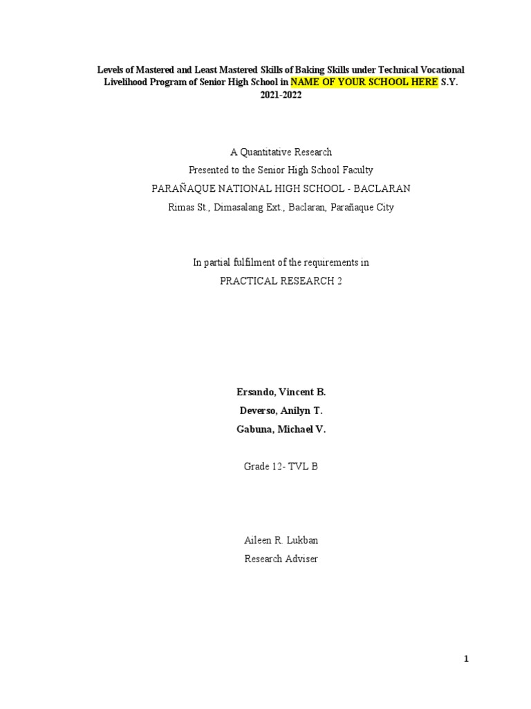 Levels of Mastered and Least Mastered Skills of Baking Skills Under ...