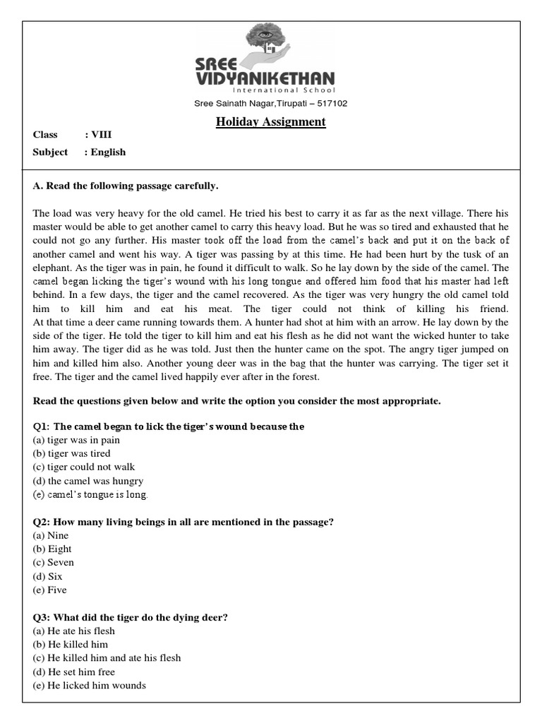English Holiday Assignment for Class VIII | PDF